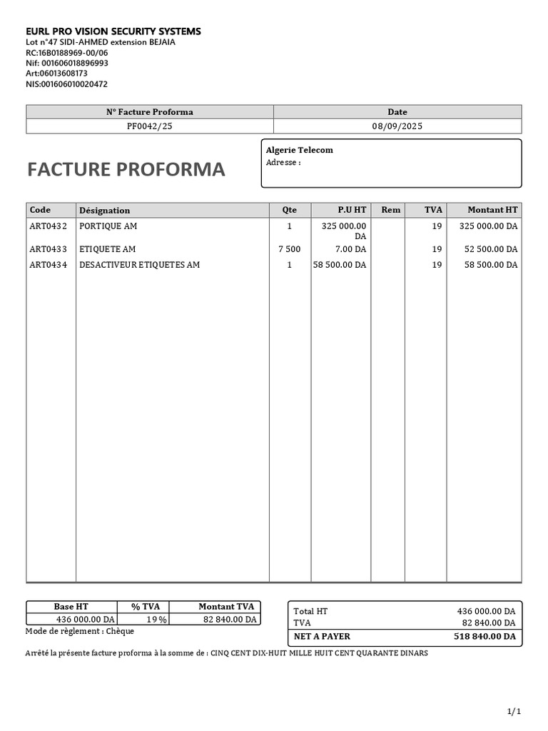 Facture Proforma EURL Pro Vision Security | PDF