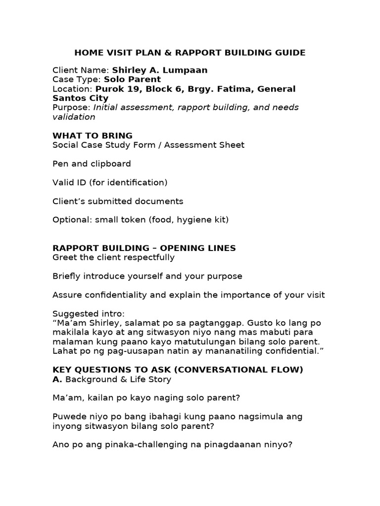 Home Visit Plan For Ms. Fetalino | PDF