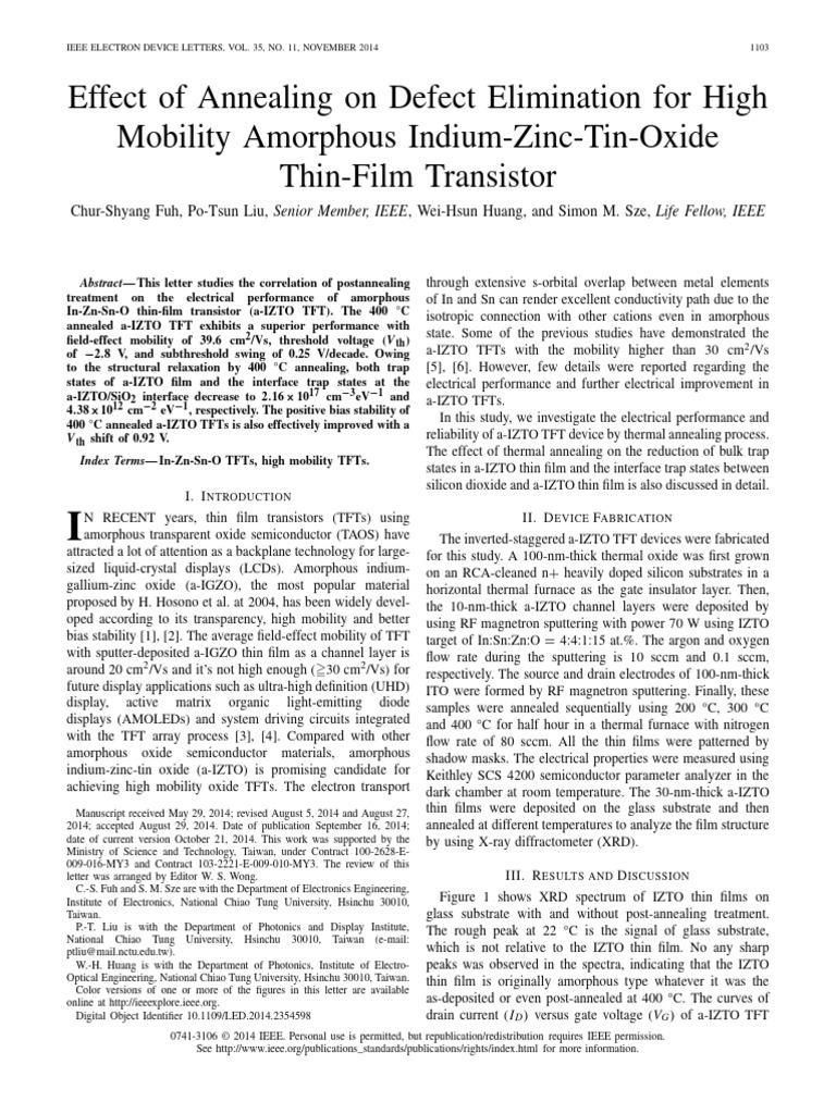 Effect of Annealing On Defect Elimination For High Mobility Amorphous ...