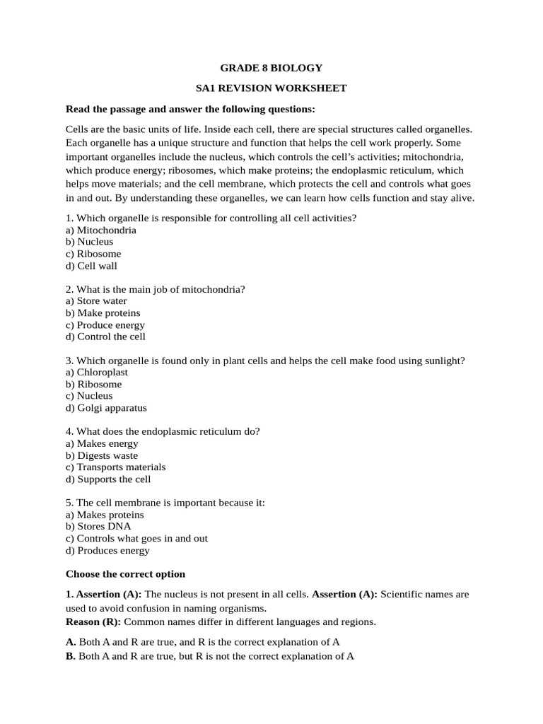 Grade 8 Biology Sa1 Revision WKST | PDF | Cell (Biology) | Organelle