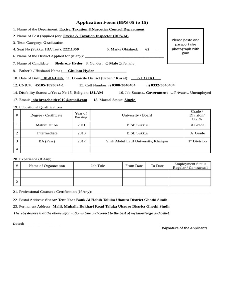 Excise & Taxation Inspector Application Form | PDF | Chess Theory