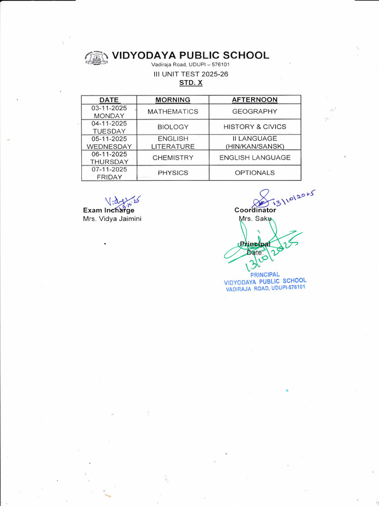 Class X - III Unit Test Timetable | PDF