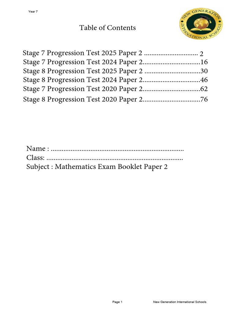Year 7 Mathematics Progression Tests | PDF | Area | Mathematics