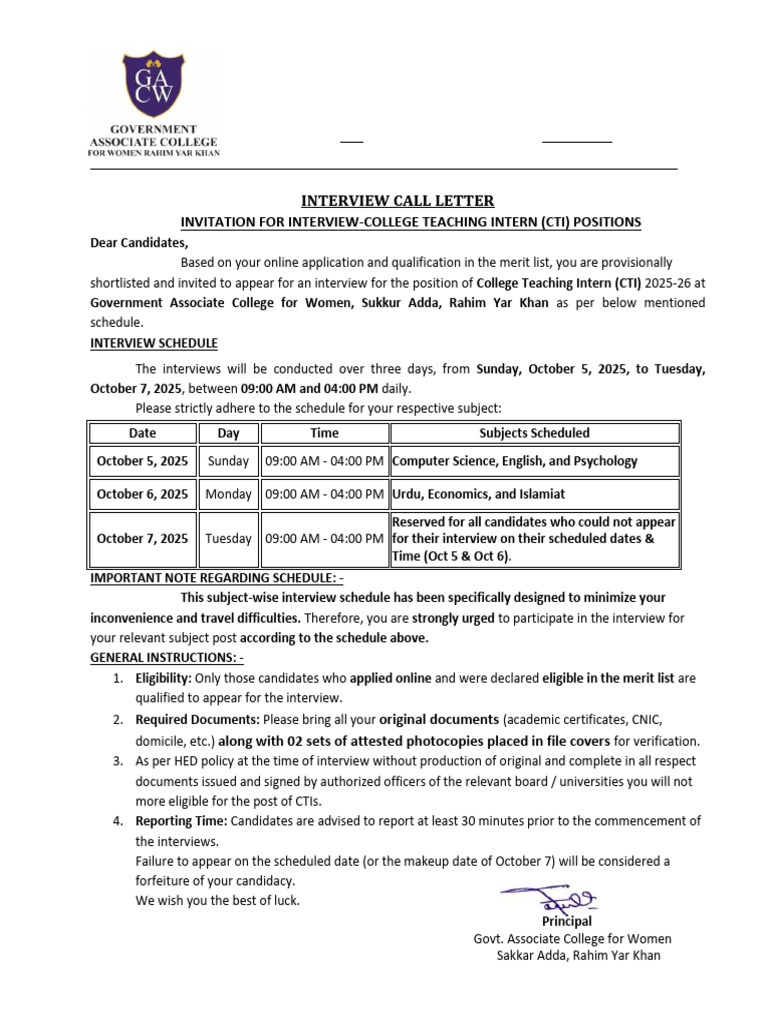 Interview Call Letters - CTIs 2025-26 | PDF