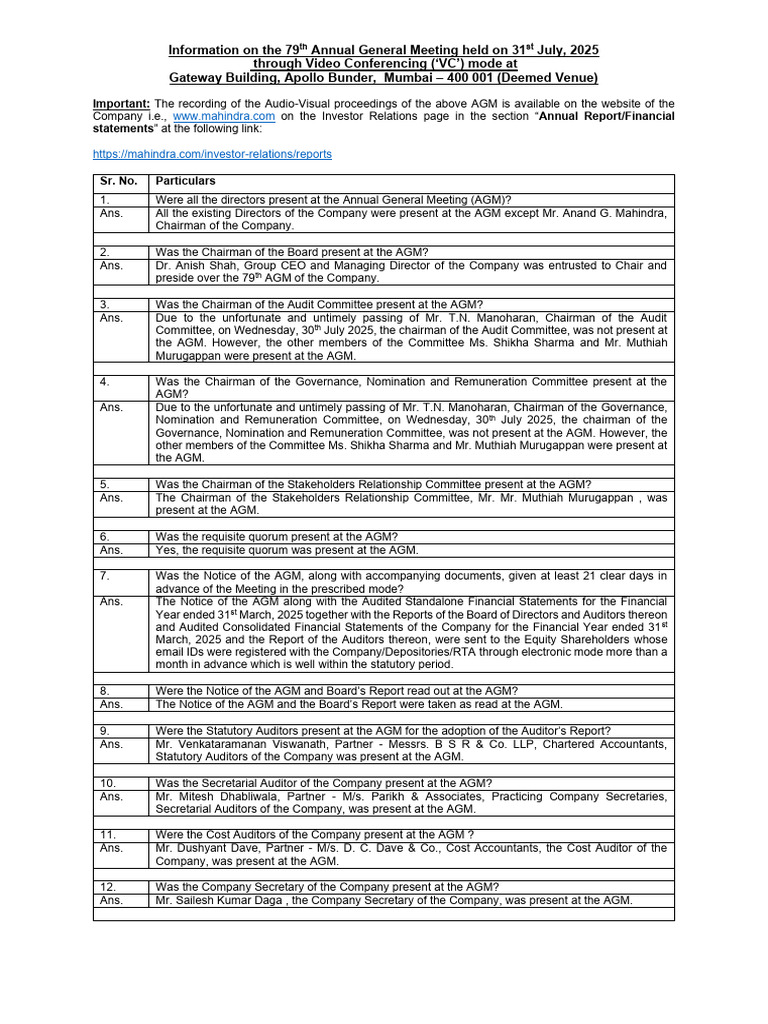 79th AGM Summary - July 31, 2025 | PDF | Dividend | Governance