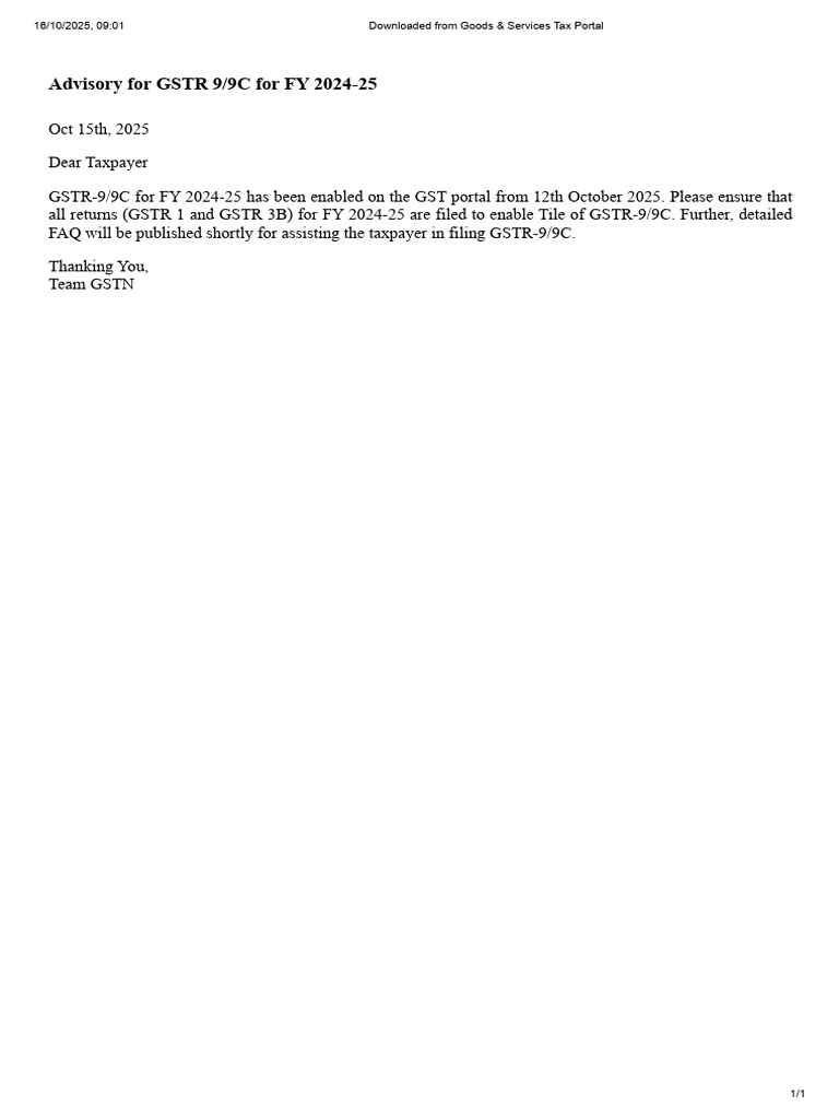 GSTR 9/9C Advisory for FY 2024-25 | PDF