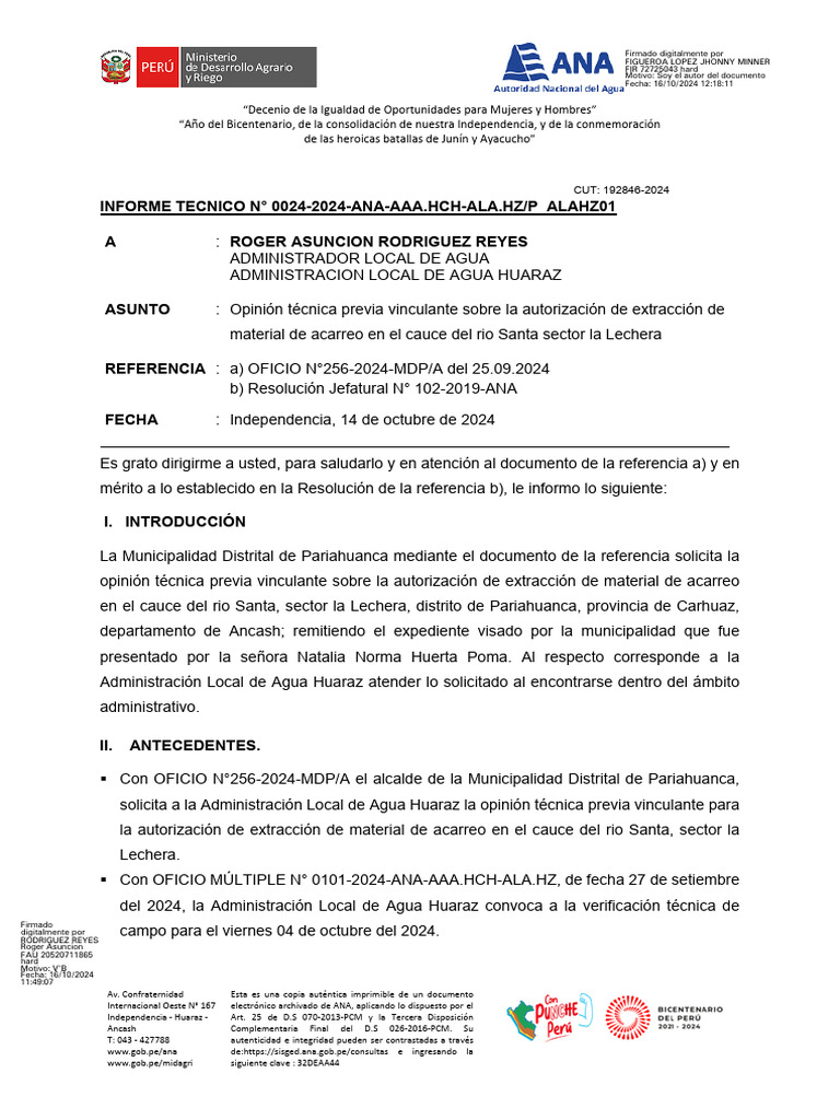 Informe Tecnico #0024-2024-Ana-Aaa - Hch-Ala - HZP - Alahz01 | PDF