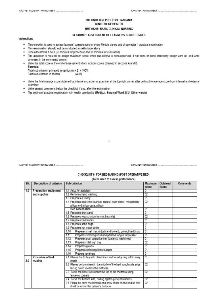 Basic Clinical Nursing Assessment Checklist | PDF | Bed | Health Care