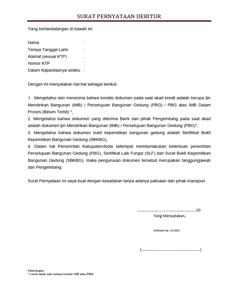 Surat Pernyataan Debitur untuk IMB/PBG | PDF