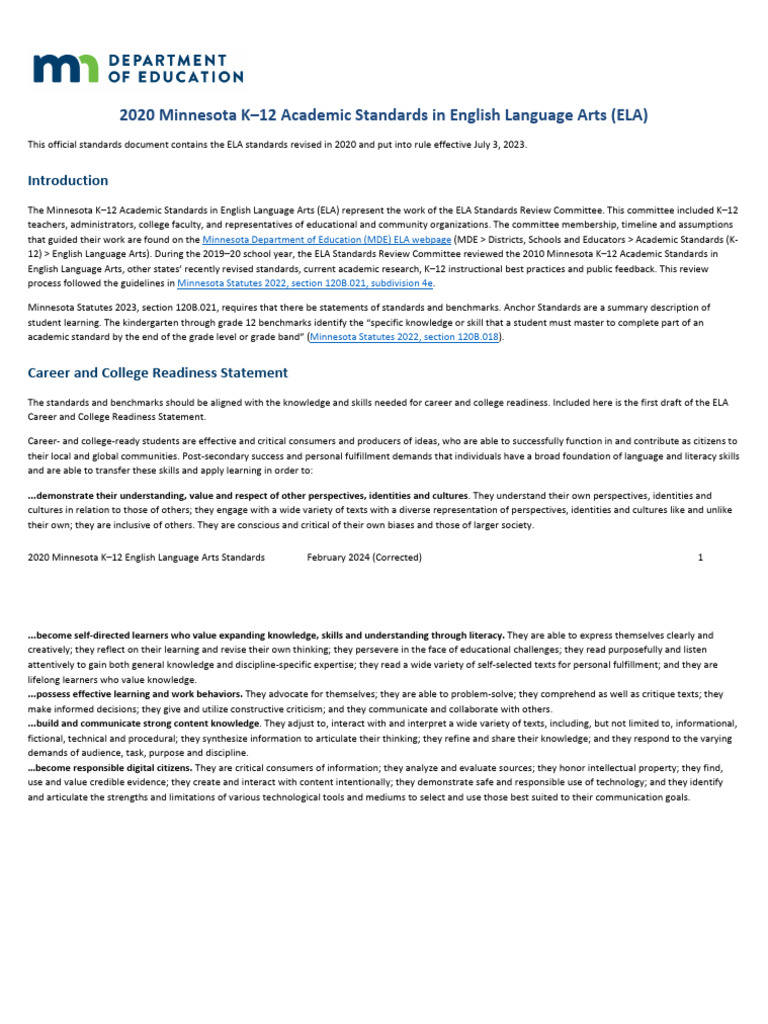 2020 Minnesota K-12 Academic Standards in English Language Arts (ELA ...