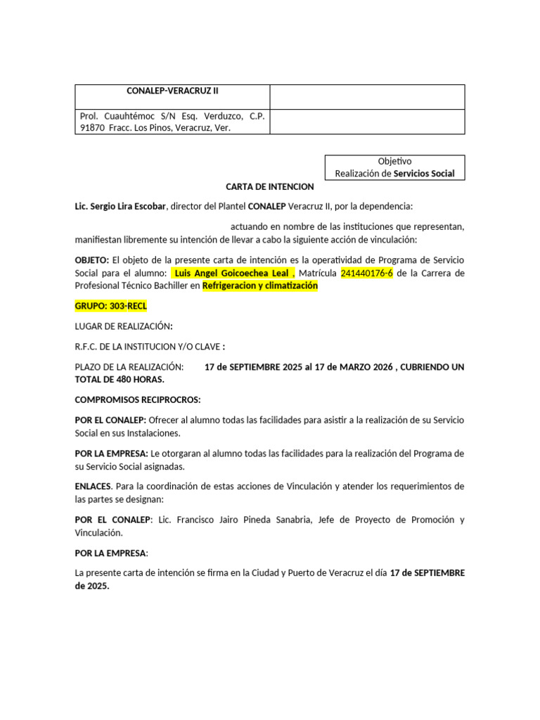 Carta Intención Servicio Luis Angel | PDF