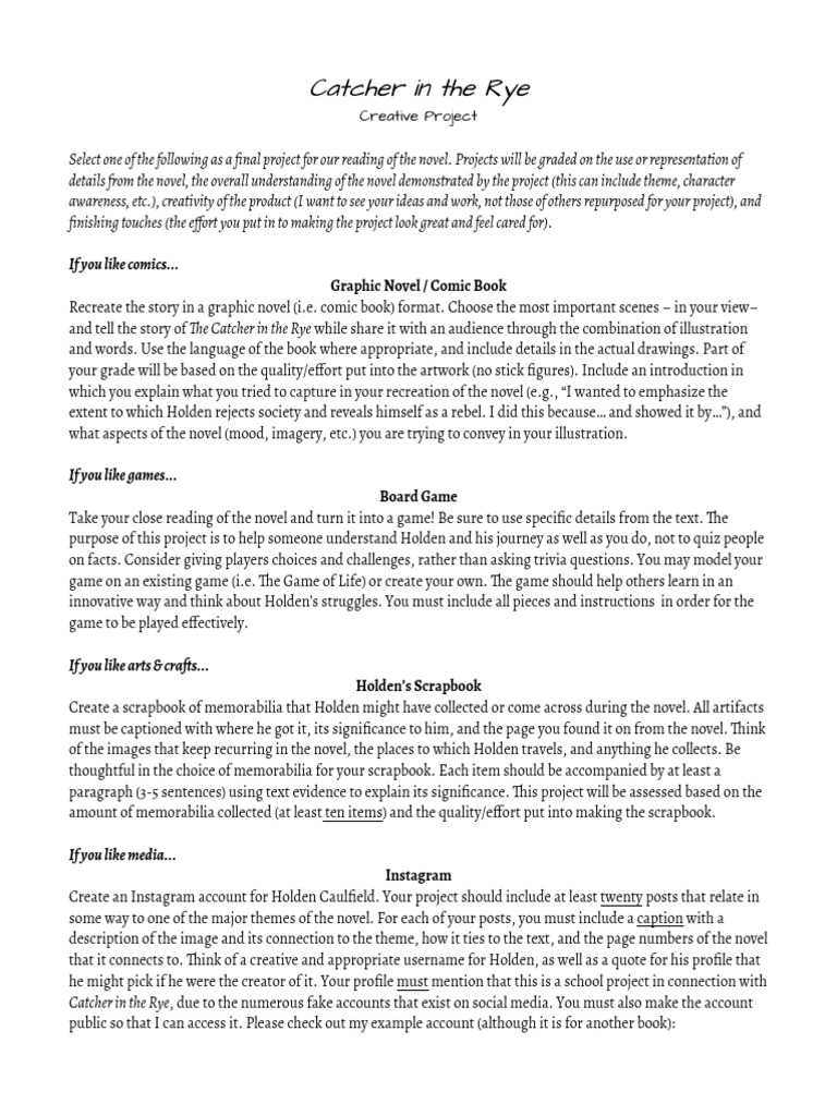 Creative Projects for Catcher in the Rye | PDF | Mental Disorder ...