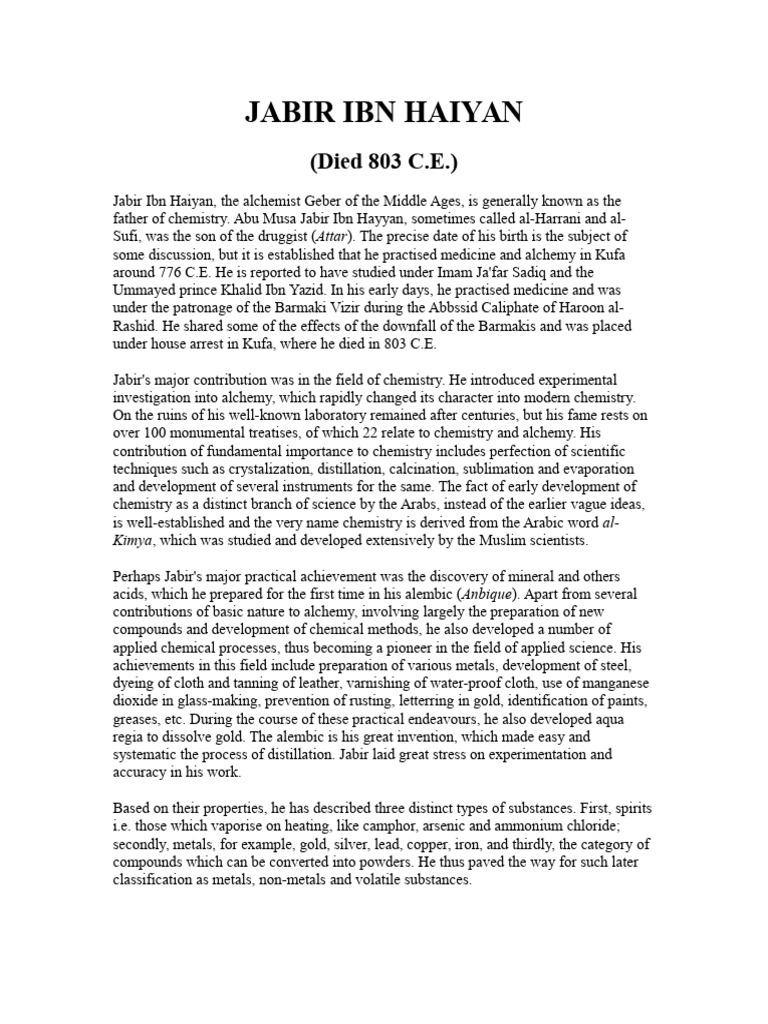 Jabir Ibn Haiyan | PDF | Alchemy | Chemistry
