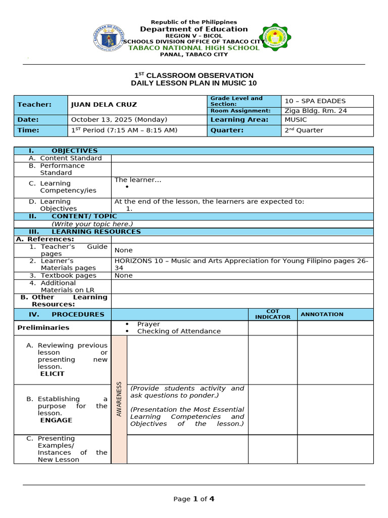 Daily Lesson Plan For Classroom Observation With Annotation | PDF ...