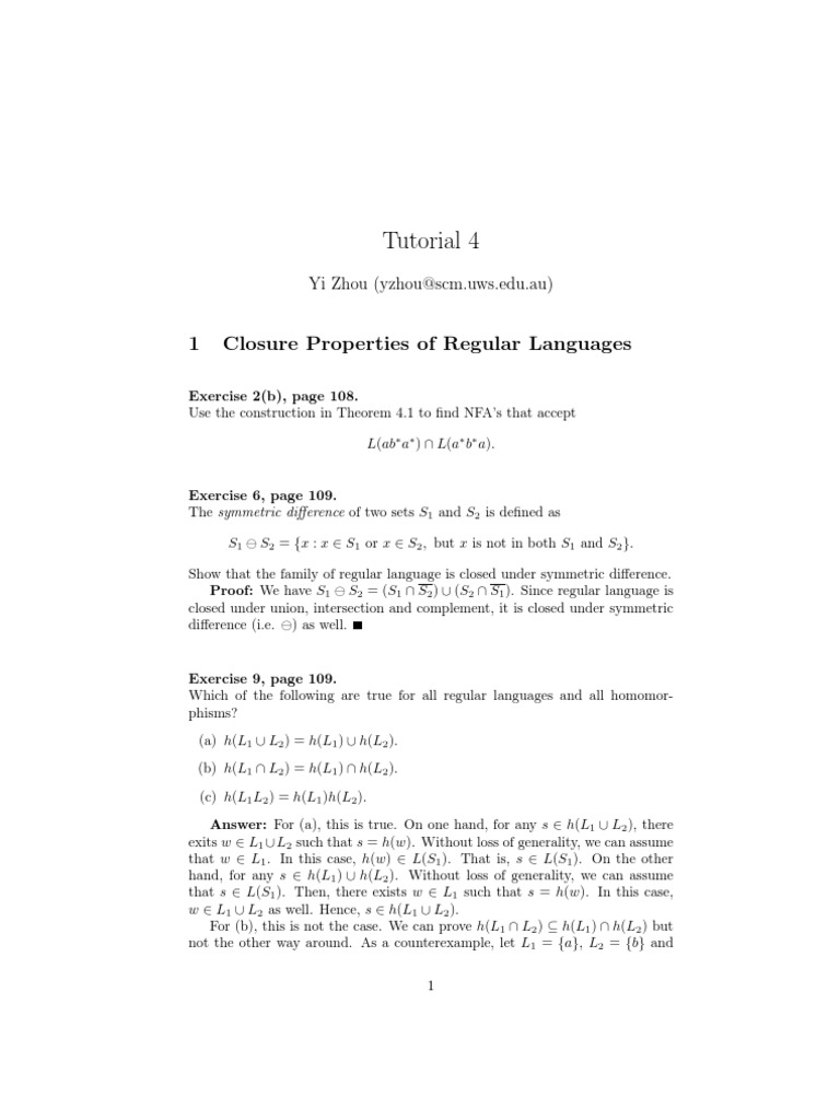 Tutorial 4: 1 Closure Properties of Regular Languages