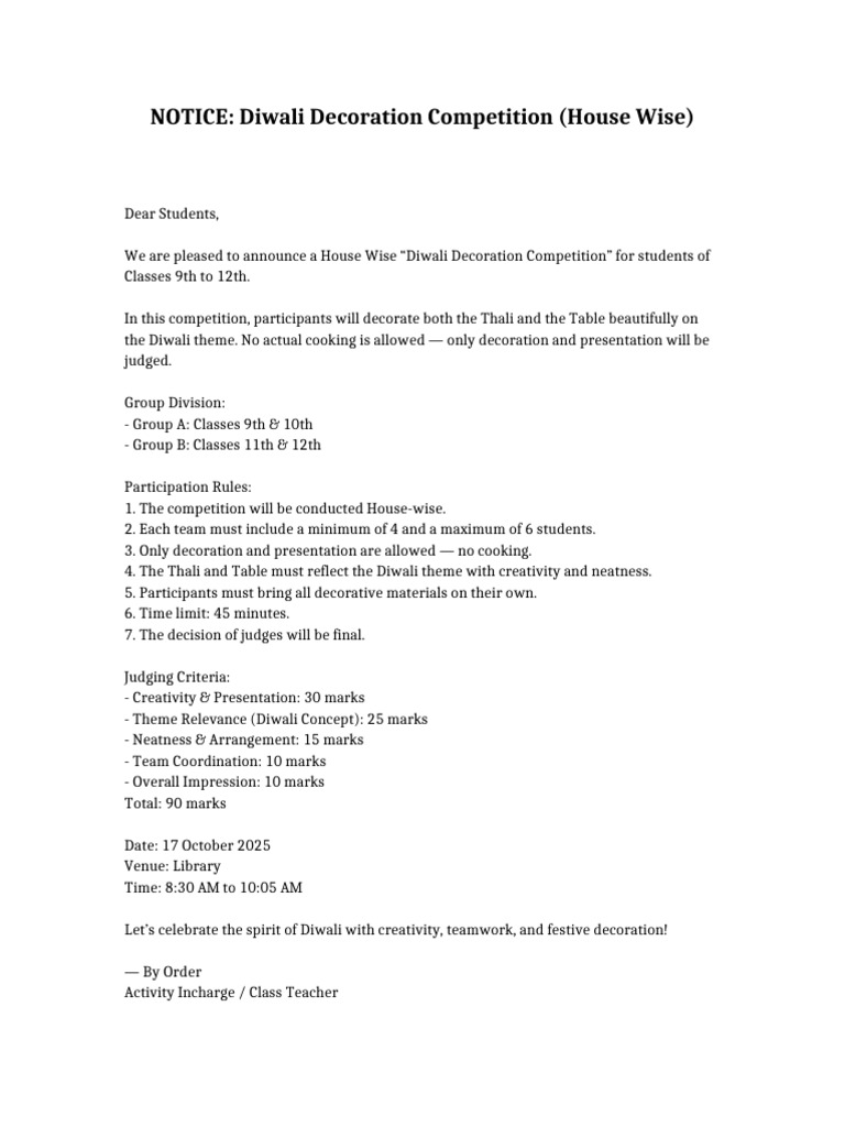 Diwali Decoration Competition Notice | PDF