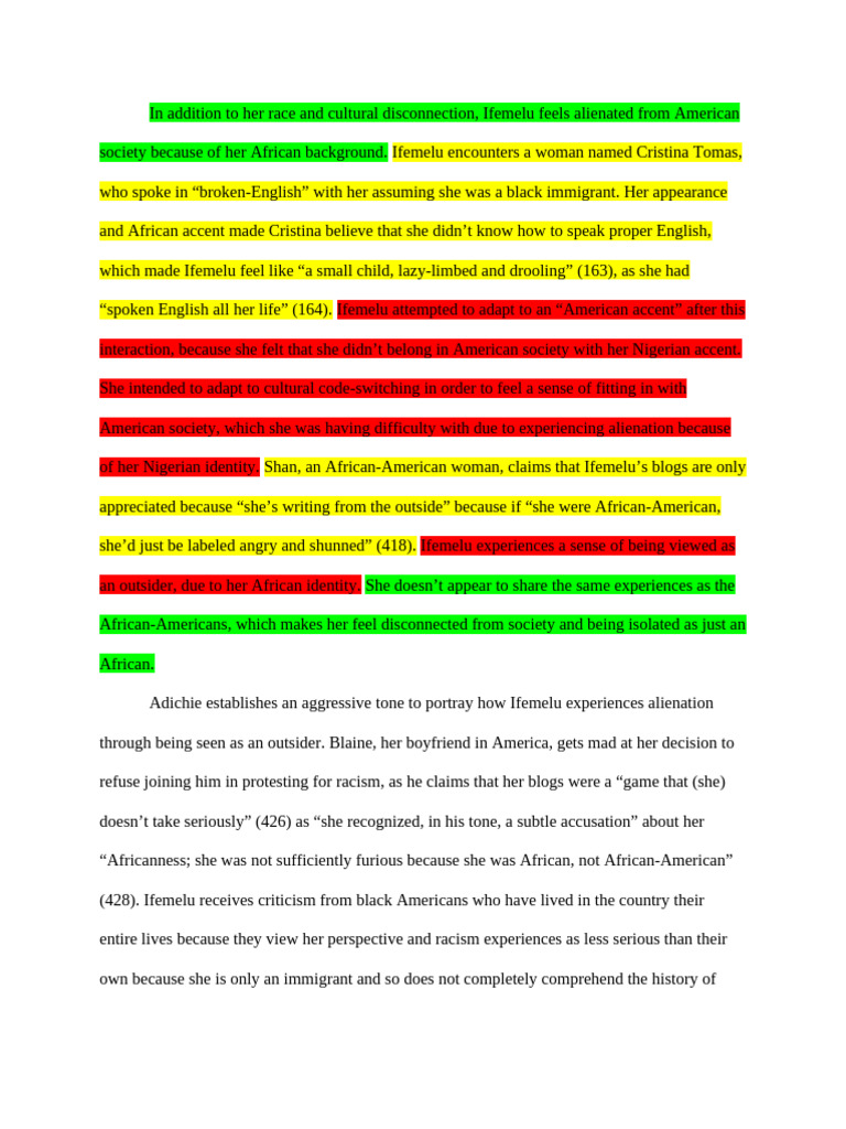 Americanah+Sample+Body+Paragraph Highlighted | PDF | Identity (Social Science) | Social Alienation