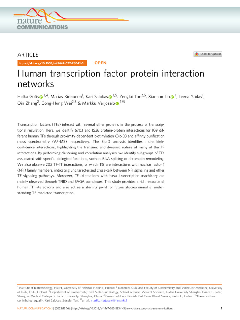 Human Transcription Factor Protein Interaction Networks: Article | PDF ...