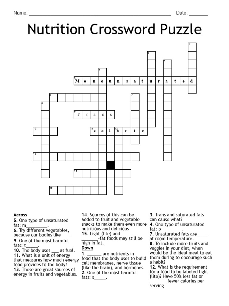 Nutrition Crossword Puzzle+ | PDF | Fat | Nutrition