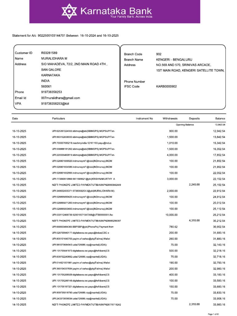 Murali Bank Statement | PDF