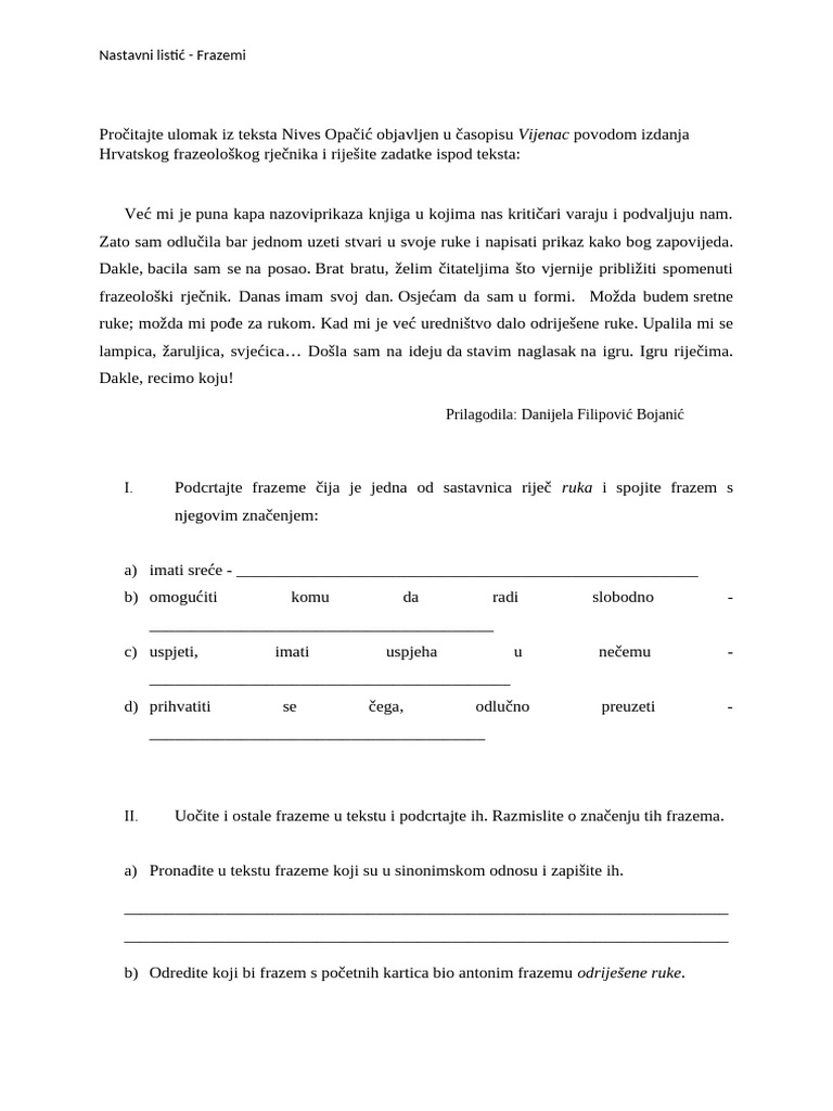 Frazemi - Nastavni Listić | PDF