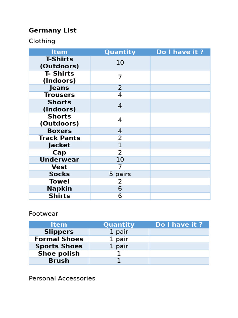 Germany Packing List for Travelers | PDF