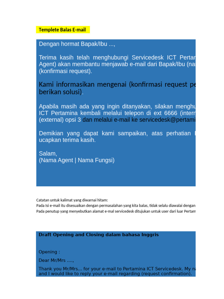 Template Balas E-mail Servicedesk ICT | PDF