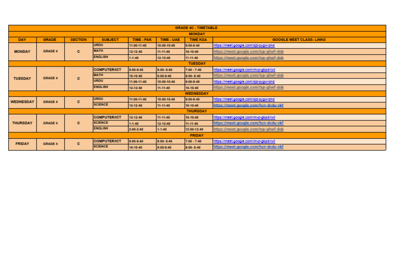 Class Timetable - October 2025 - GRADE 4C | PDF