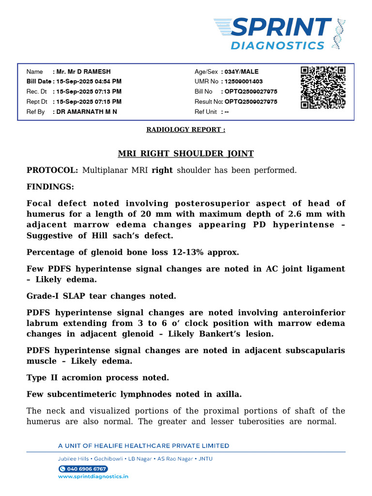 MRI Report: Right Shoulder Analysis | PDF | Shoulder | Musculoskeletal ...