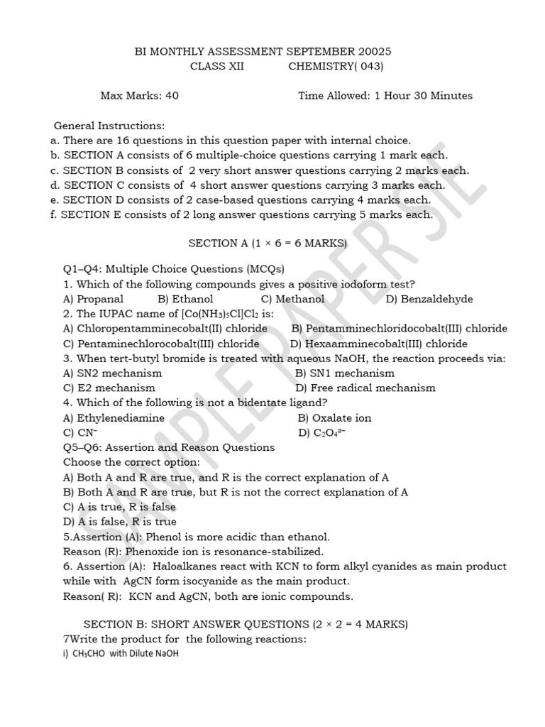 Chemistry XII Sample Paper | PDF | Chemical Compounds | Molecules