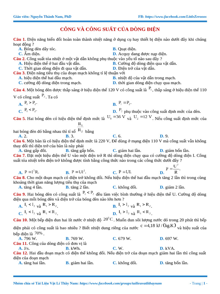 BT - L110203 - Cong Va Cong Suat Cua Dong Dien | PDF