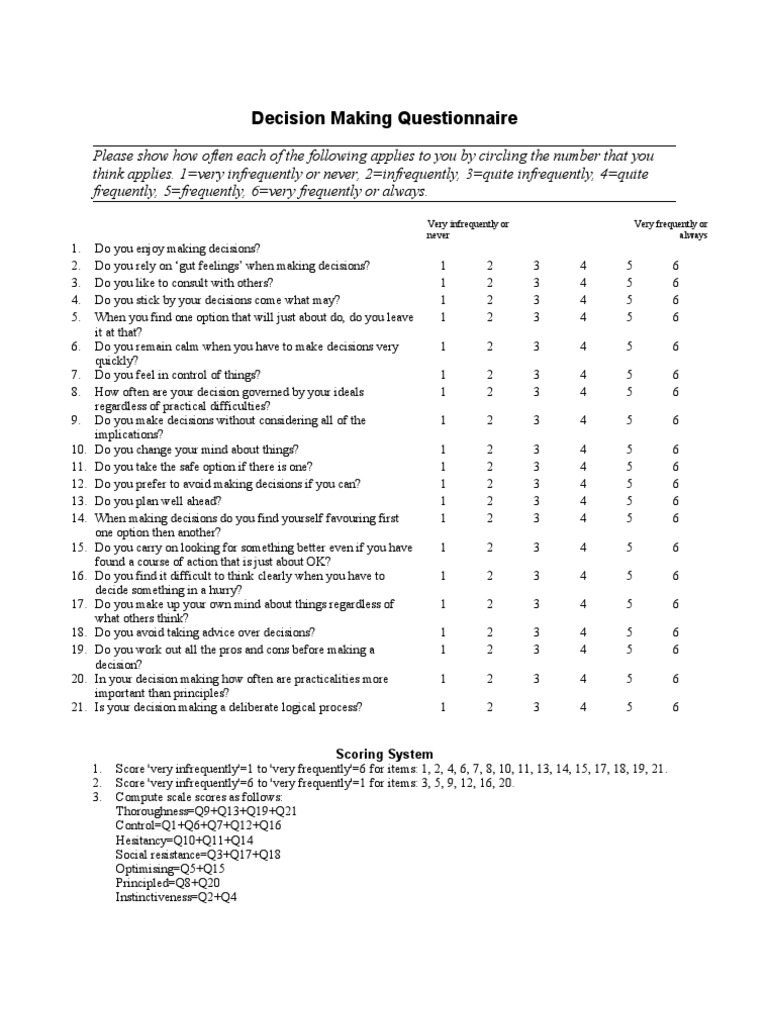 Decision Making Questionnaire | PDF | Traffic Collision | Survey ...