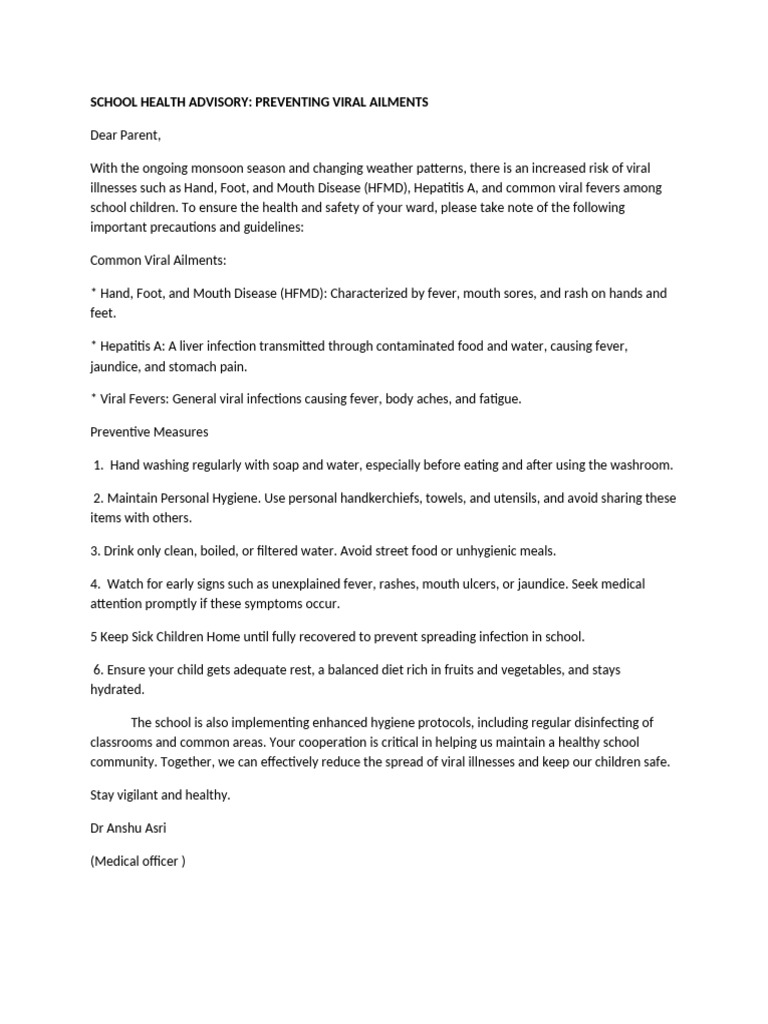 School Health Advisory Preventing Viral Ailment | PDF
