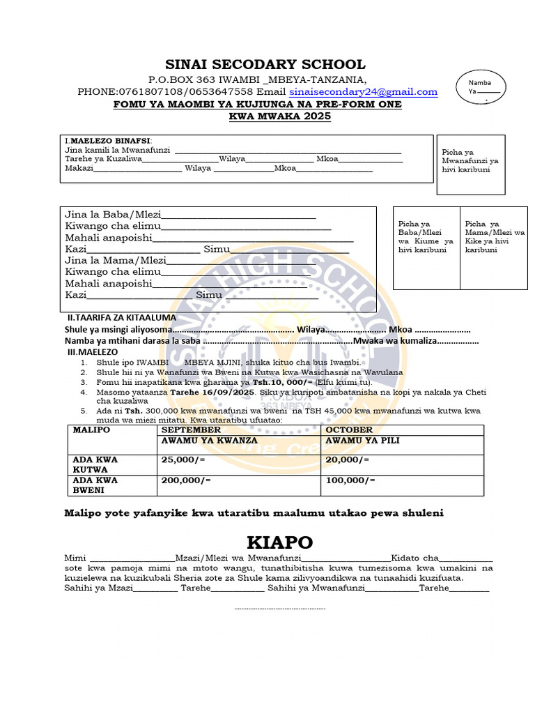 Fomu Sinai (Pre-Form One) - 1-1 | PDF
