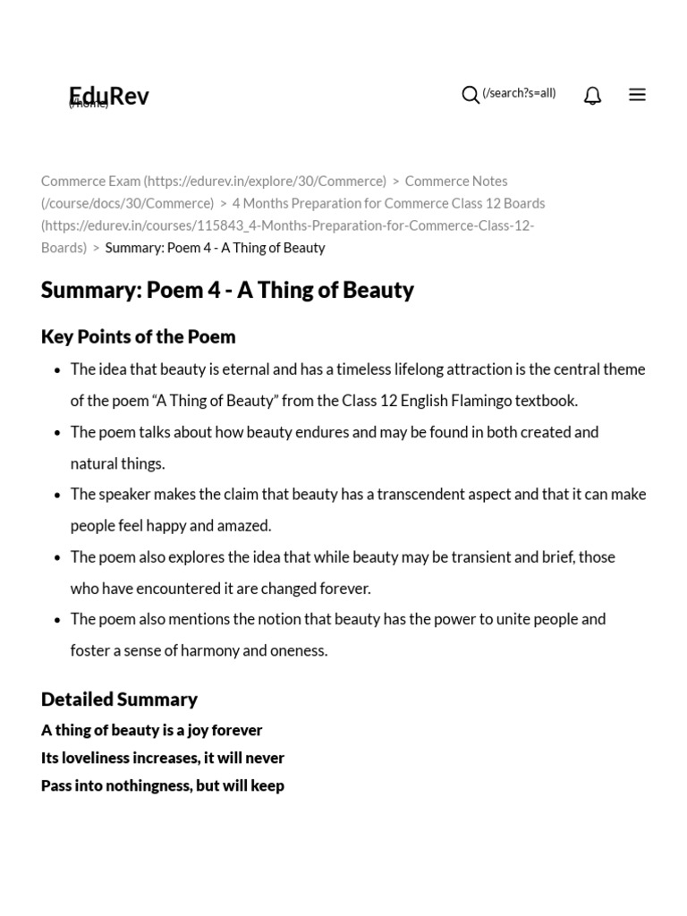 Poem 4 - A Thing of Beauty Class 12 English Flamingo | PDF | Beauty