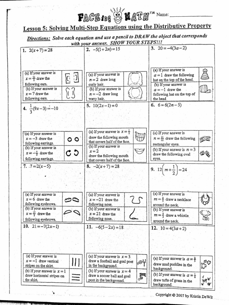 Equations With Distributive Property Faceing Math Drawing Worksheet | PDF