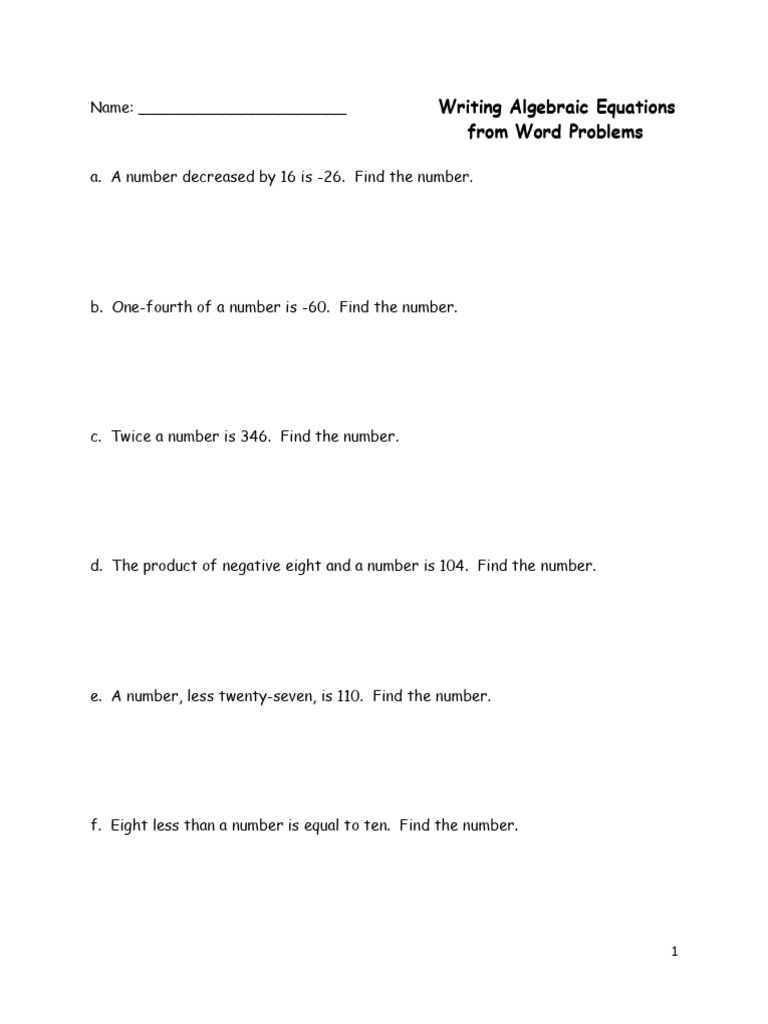 Algebraic Equations From Words Practice | PDF | Numbers | Mathematics