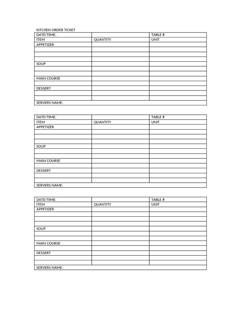 Kitchen Order Ticket Template | PDF