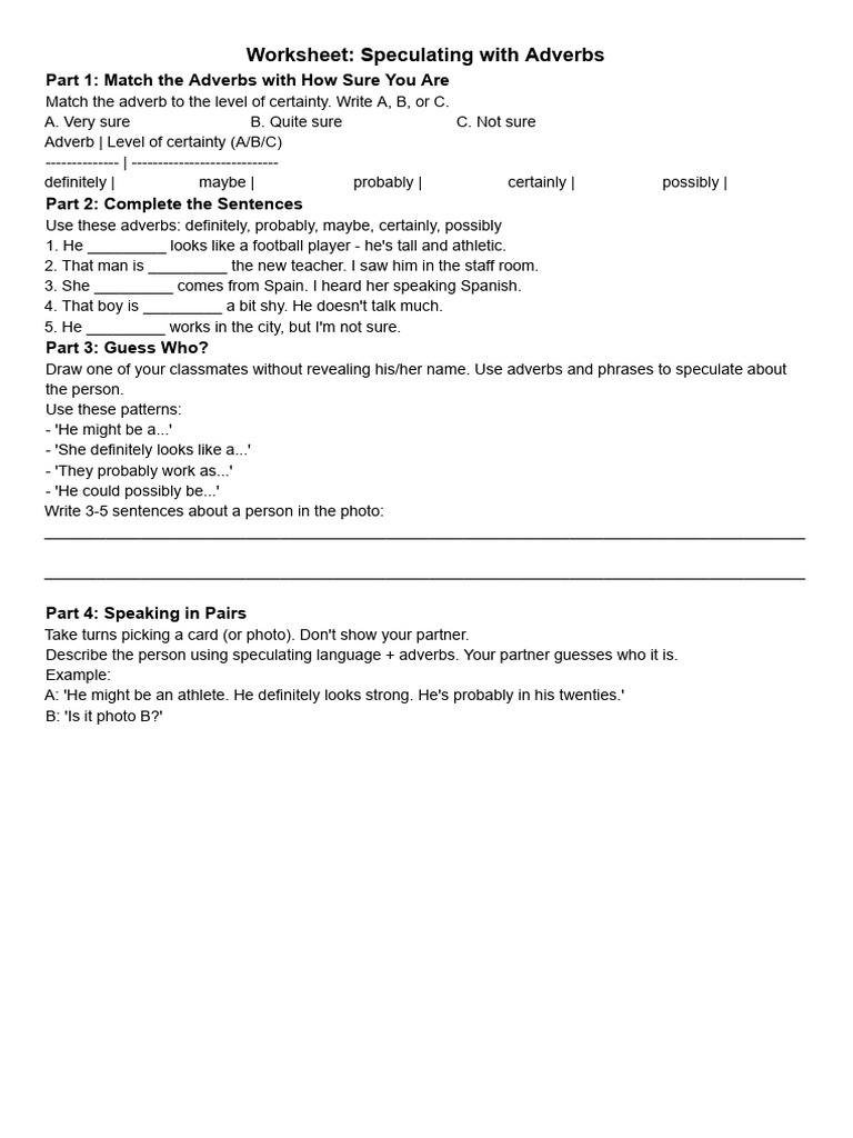 10 Bản Speculating Adverbs Worksheet | PDF