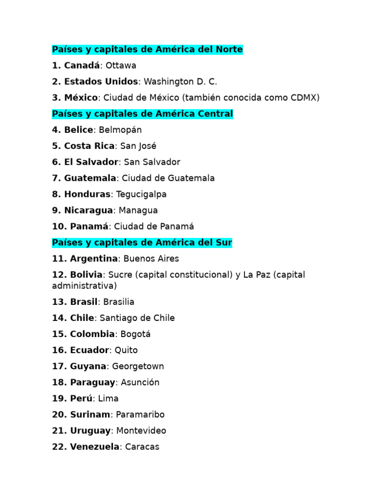 Países y Capitales de América | PDF