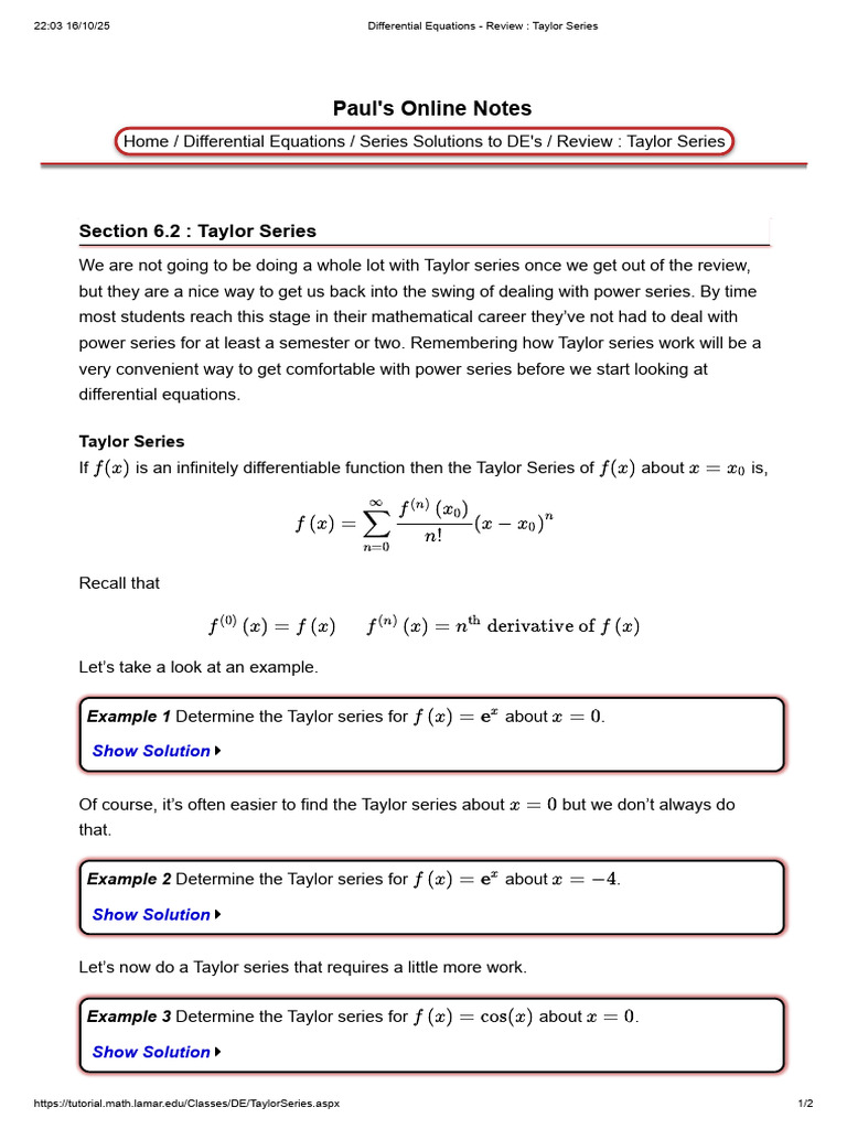 Taylor Series Overview for Differential Equations | PDF | Power Series ...