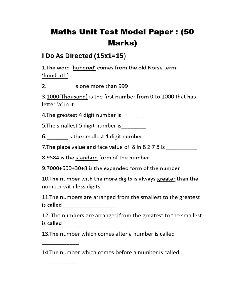 Maths Unit Test Model Paper Class 3 | PDF | Numbers | Mathematics