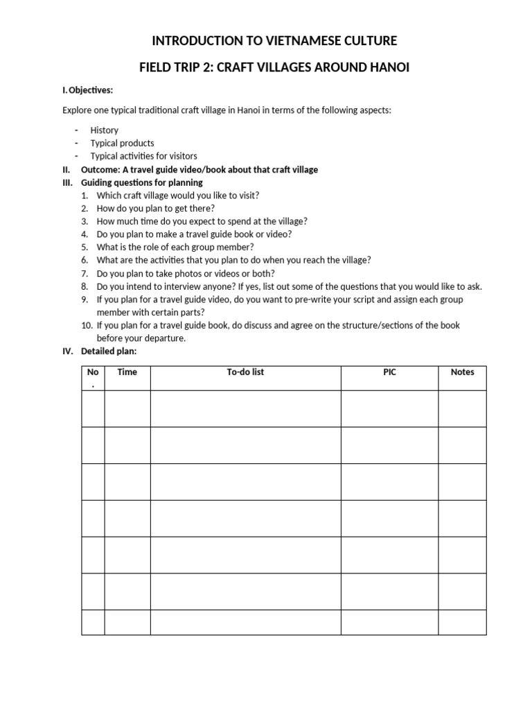Field Trip 1 Plan - Craft Villages - Cuisine | PDF