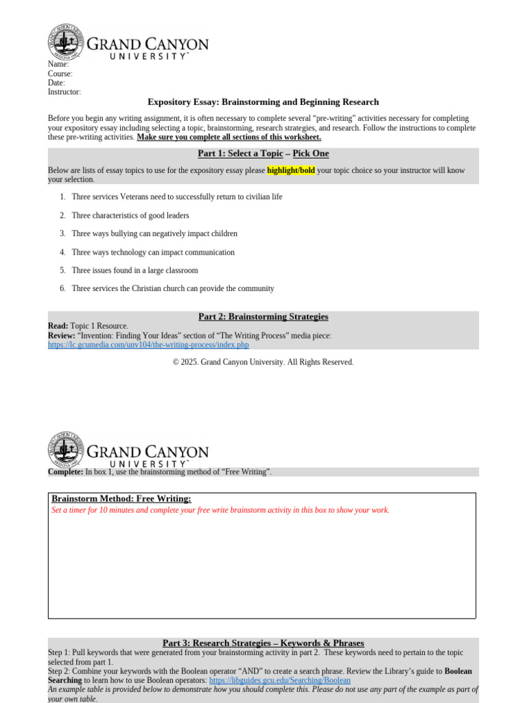 UNV 104 RS T1 Brainstorming and Beginning Research Worksheet | PDF ...