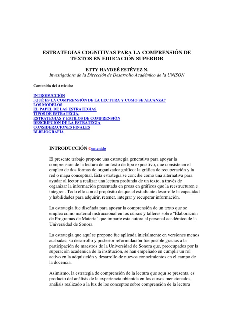 Estrategias Cognitivas para La Comprensión de Textos en Educación ...