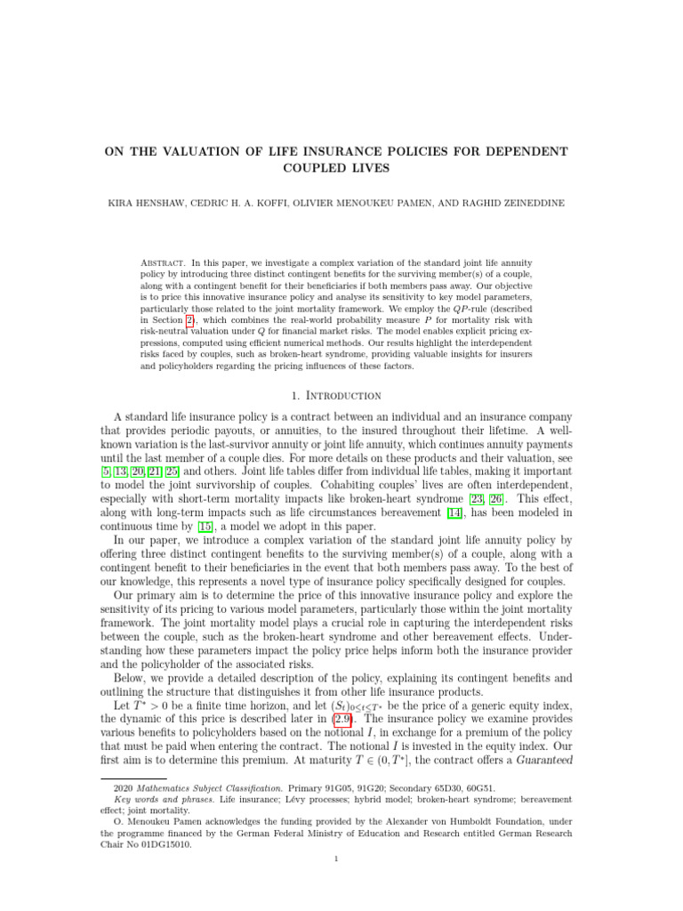 On The Valuation of Life Insurance Policies For Dependent Coupled Lives ...