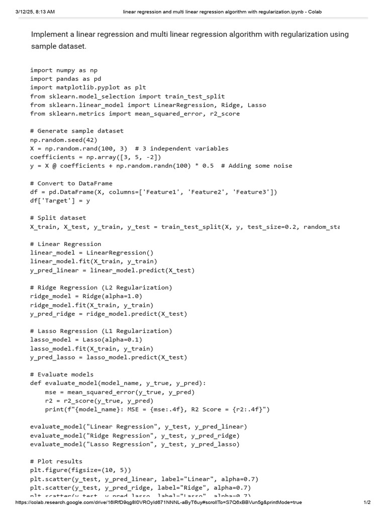 Linear Regression and Multi Linear Regression Algorithm With Regularization | PDF | Mean Squared ...