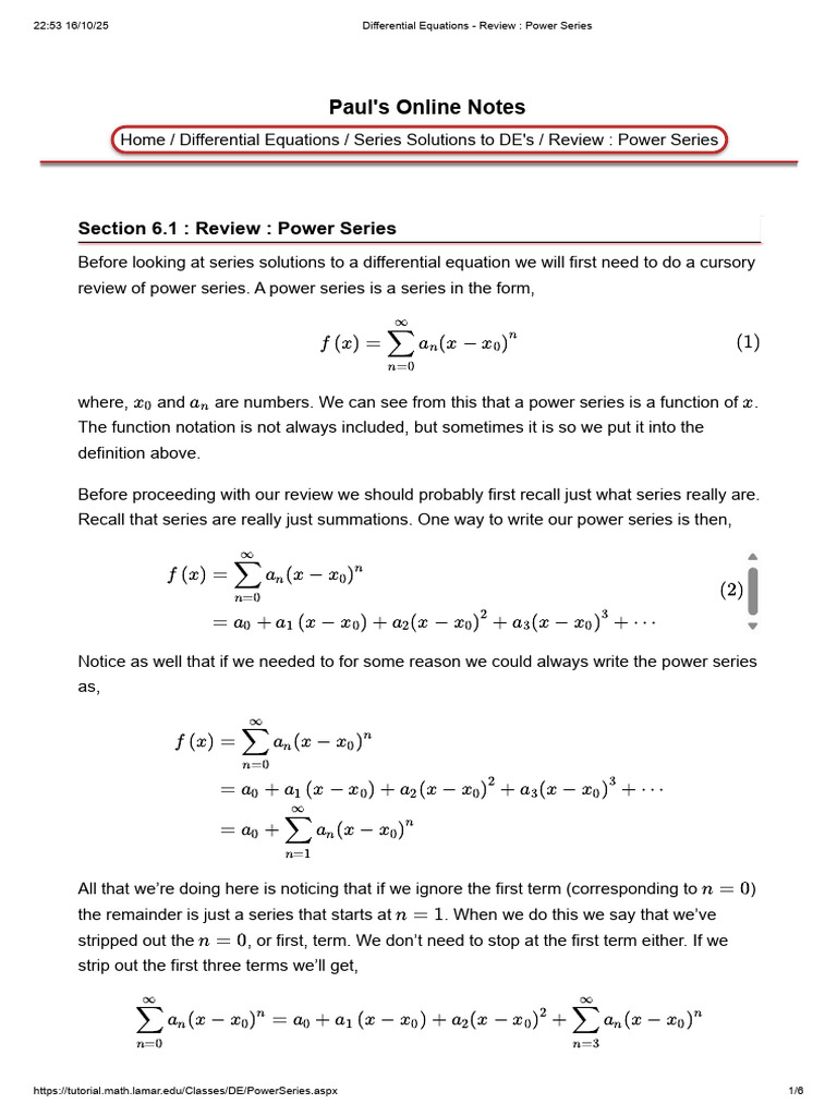 Differential Equations - Review - Power Series | PDF | Power Series | Analysis
