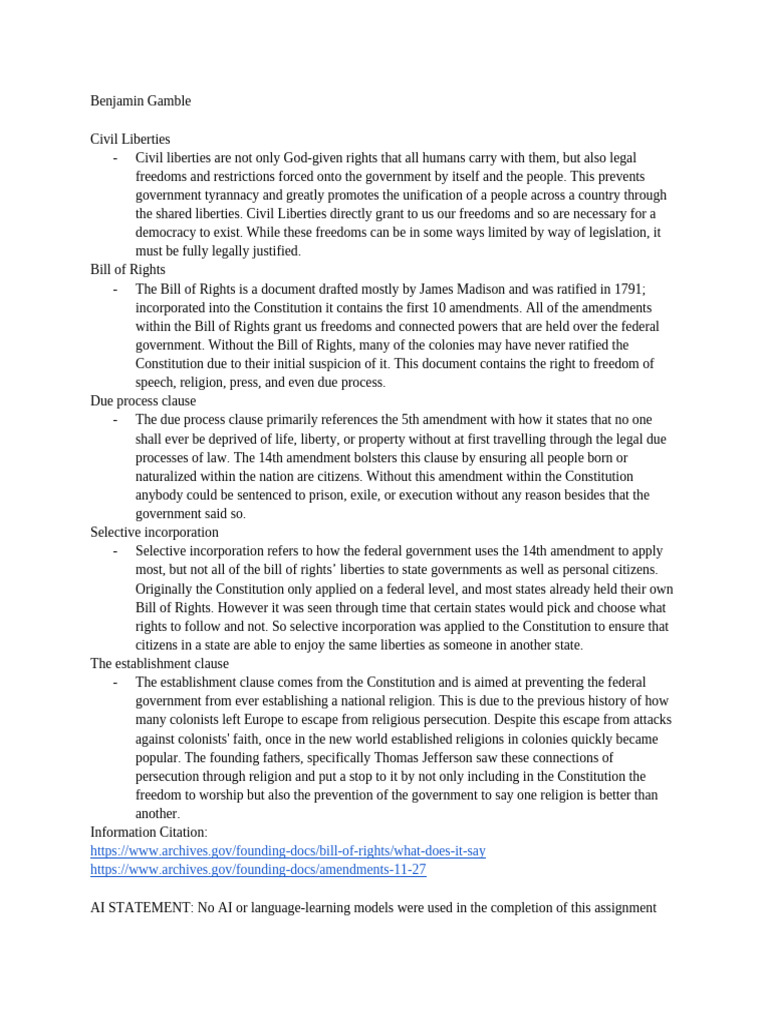 Vocab Assignment 4 - Benjamin Gamble | PDF | United States Bill Of ...