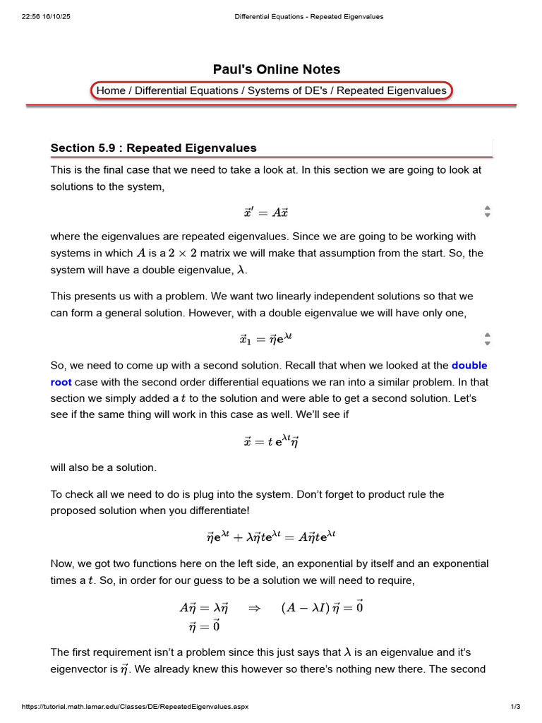 Differential Equations Repeated Eigenvalues Pdf Eigenvalues And